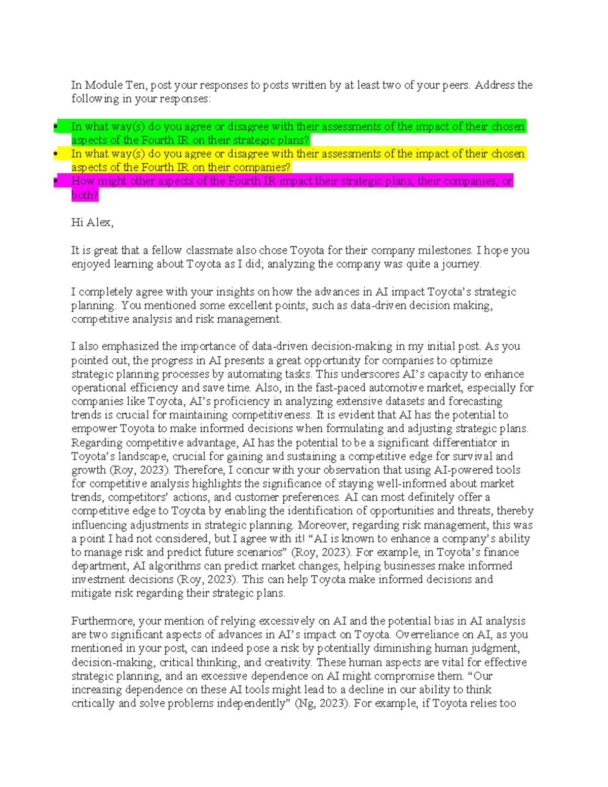 Module Ten - Dicussion Reply - One - In Module Ten, post your responses ...