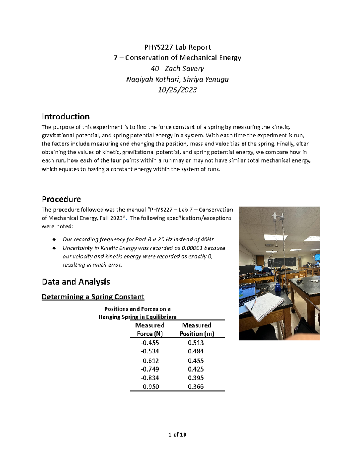 PHYS227 Lab 7 Report Template - Conservation of Mechanical Energy ...