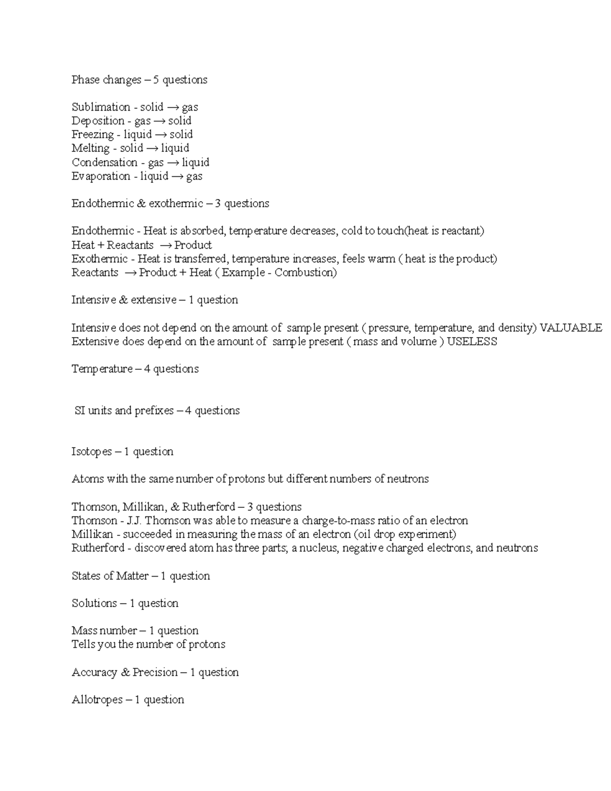 Chem Exam Review - Phase changes – 5 questions Sublimation - solid → ...