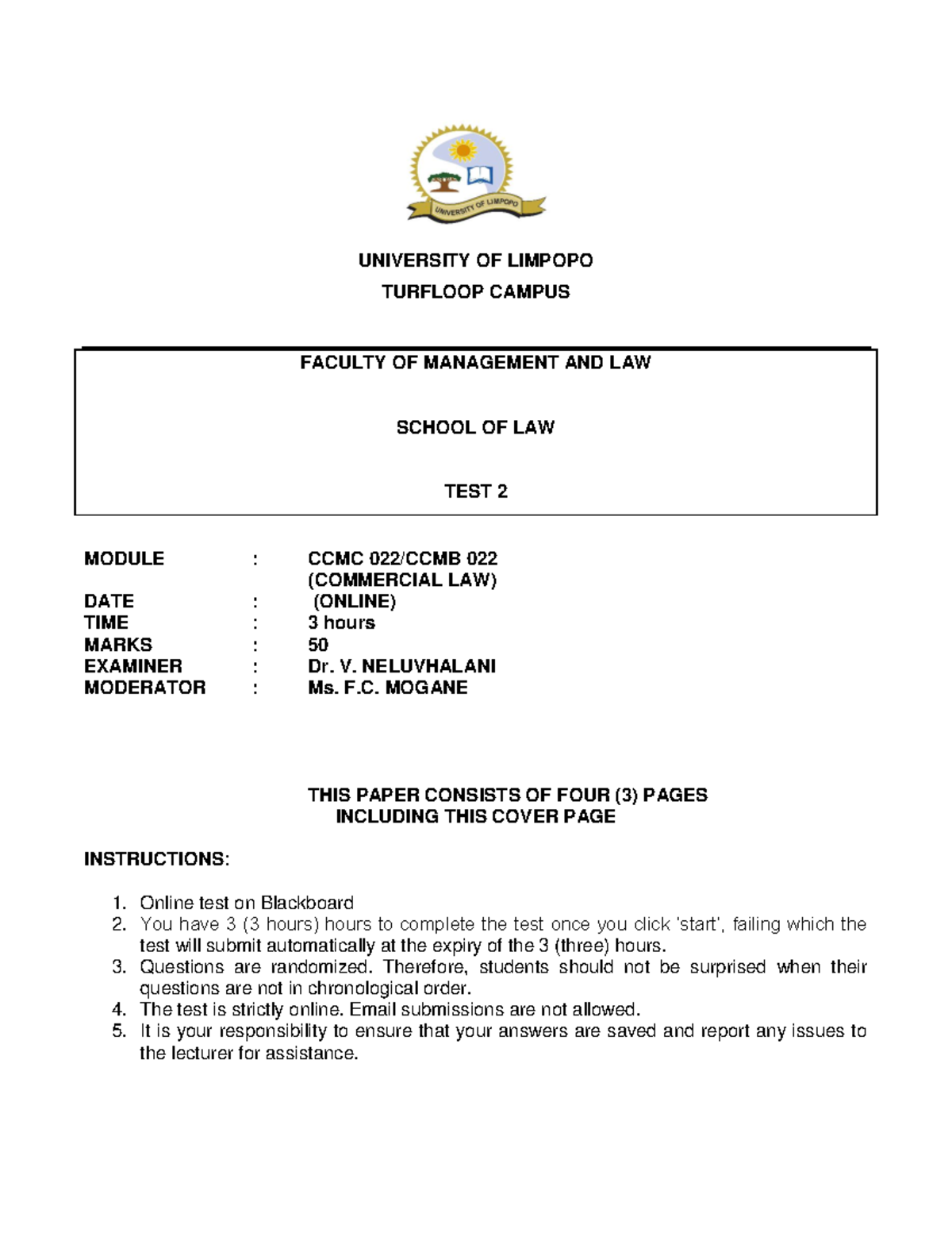 Test 2 CCOB and CCOC 022 2021 - UNIVERSITY OF LIMPOPO TURFLOOP CAMPUS ...