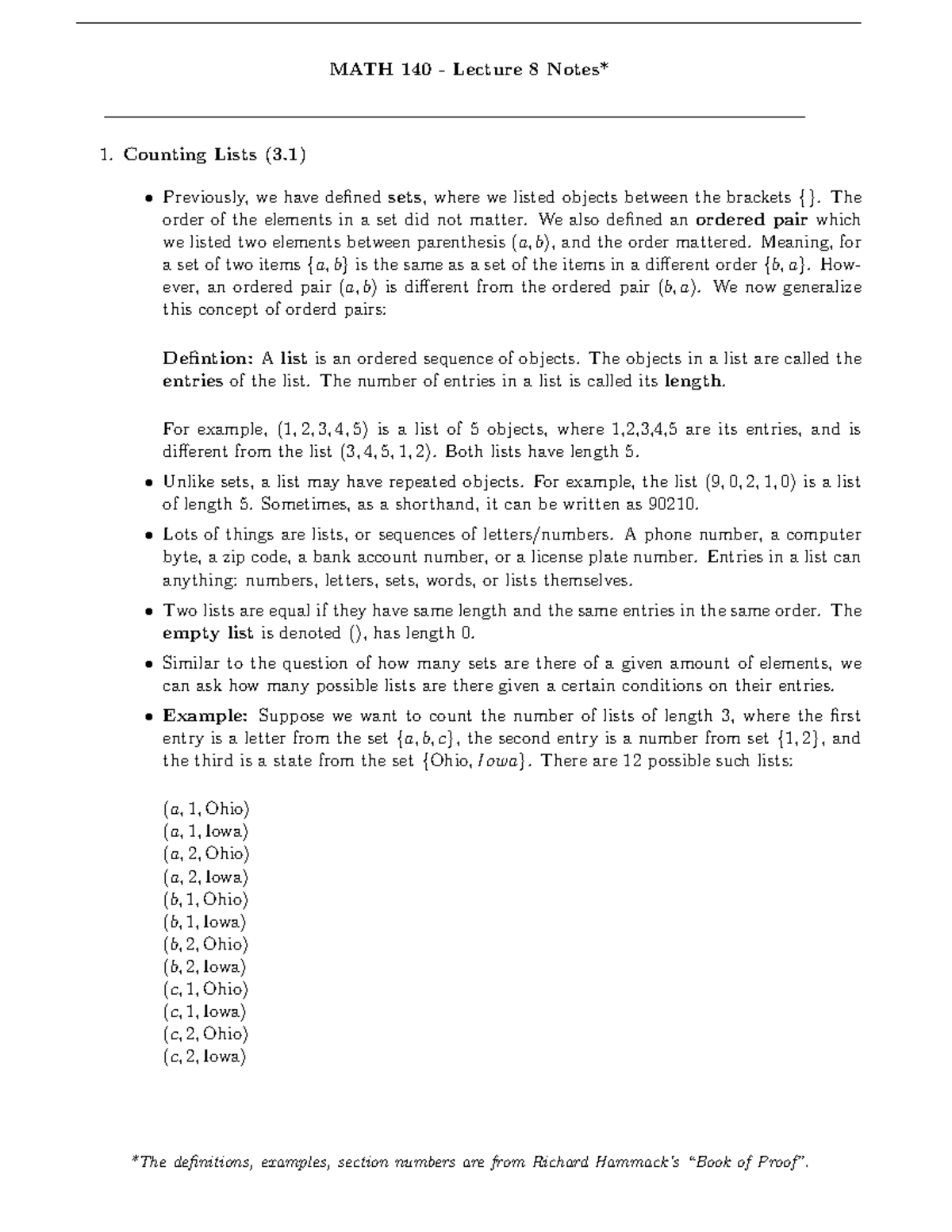 Pre-Calculus Notes 8 - MATH 140 - Lecture 8 Notes* Counting Lists (3 ...