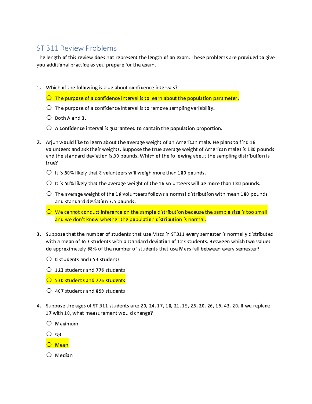 ST 311 Review Problems-KEY - ST 311 Review Problems The length of this ...