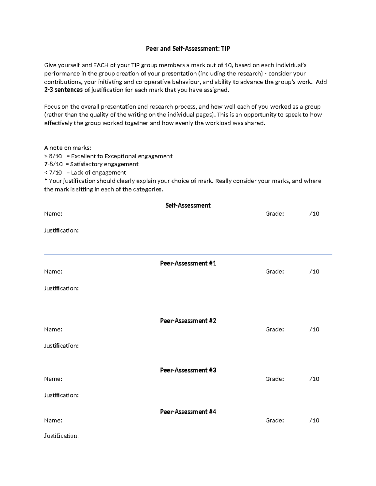TIP Peer and Self-Assessment Form - in person - Peer and Self ...