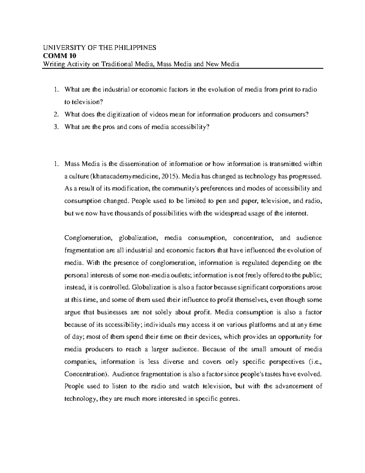 UP COMM10 Writing Activity on Traditional Media, Mass Media and New ...