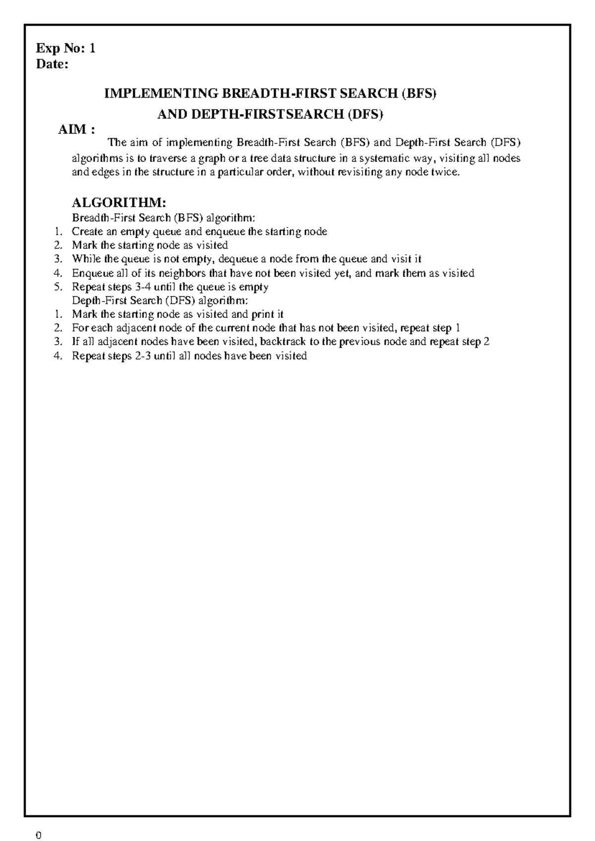 Ai And Ml Lab Manual New Word Exp No 1 Date Aim Implementing Breadth First Search Bfs And