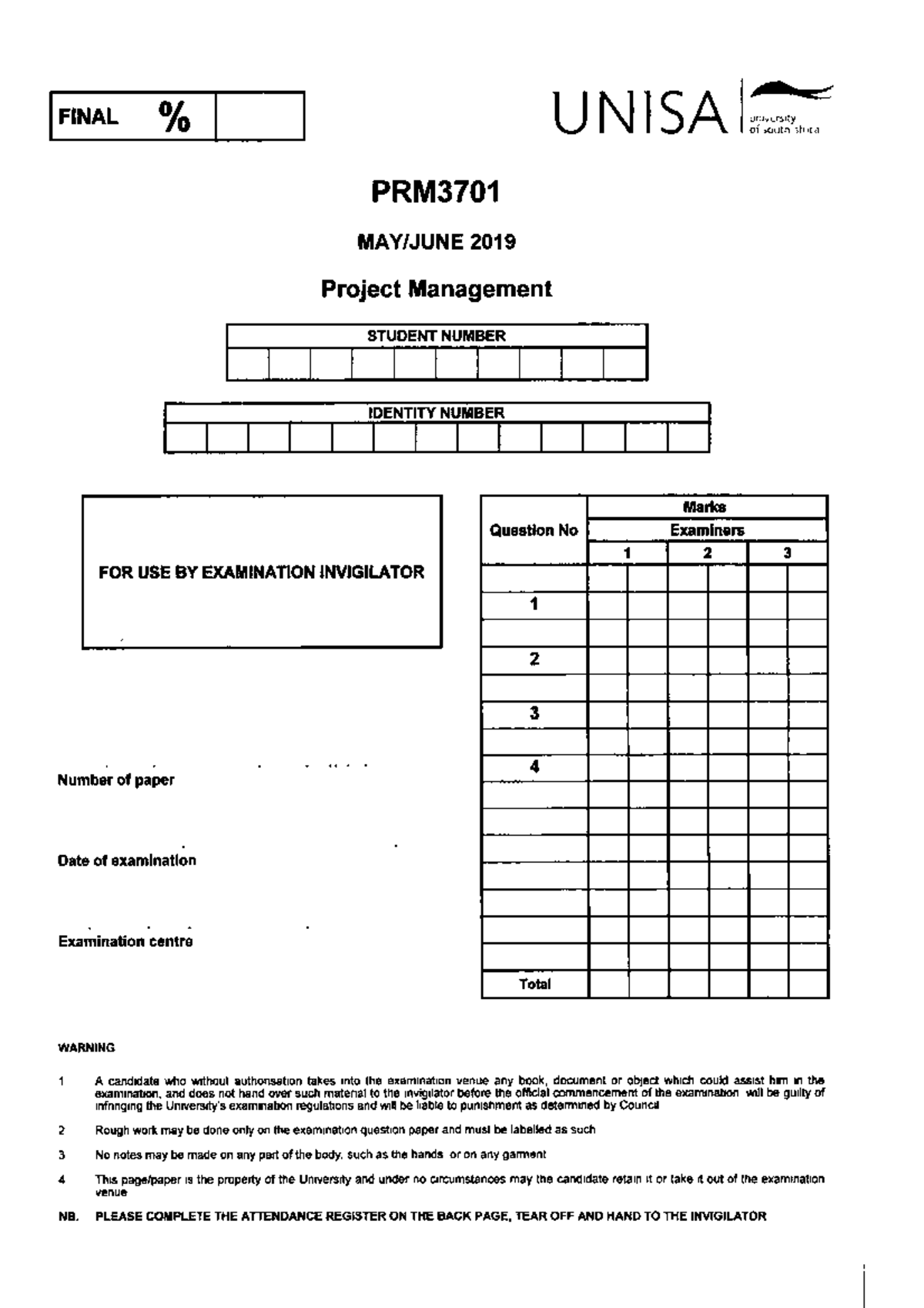 PRM3701 2019 6 E 1 project management question paper - LFPV201 - Unisa ...