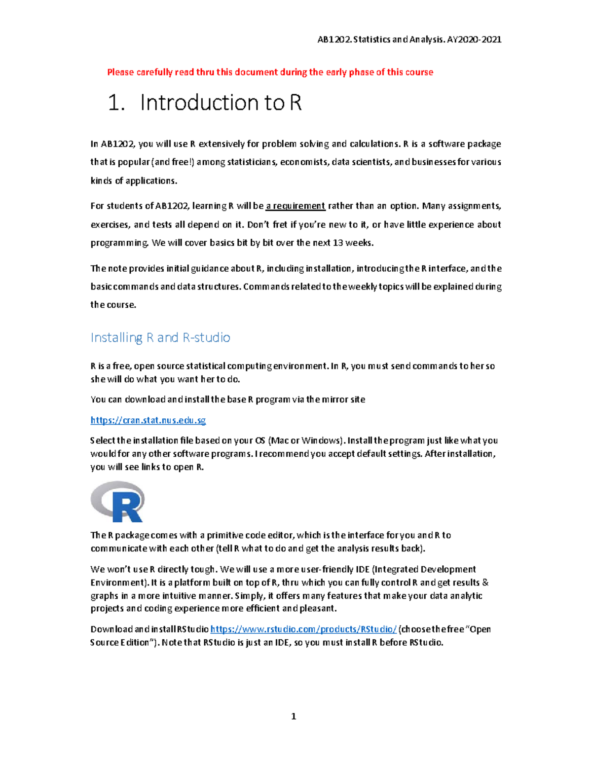 R-software tutorial installation - BC2402 - NTU - Studocu