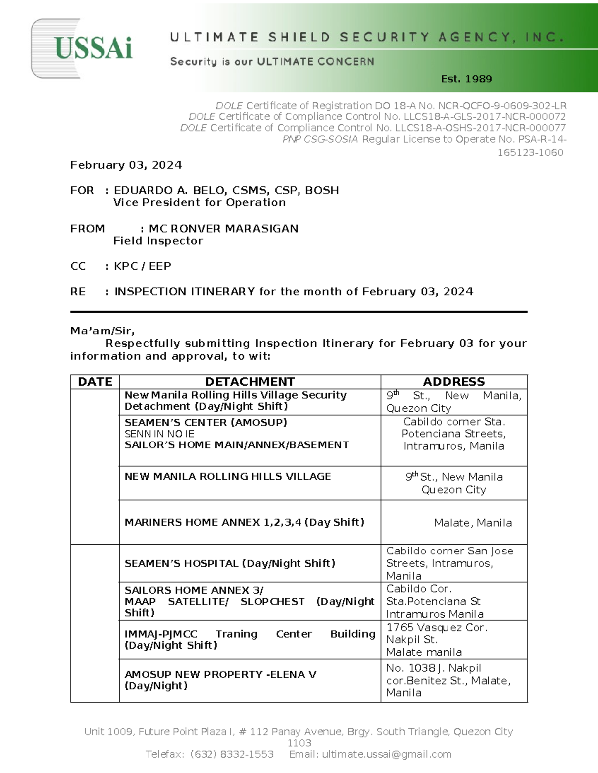 Inspection-Itenerary-MC 02-03-24 - Est. 1989 DOLE Certificate of ...