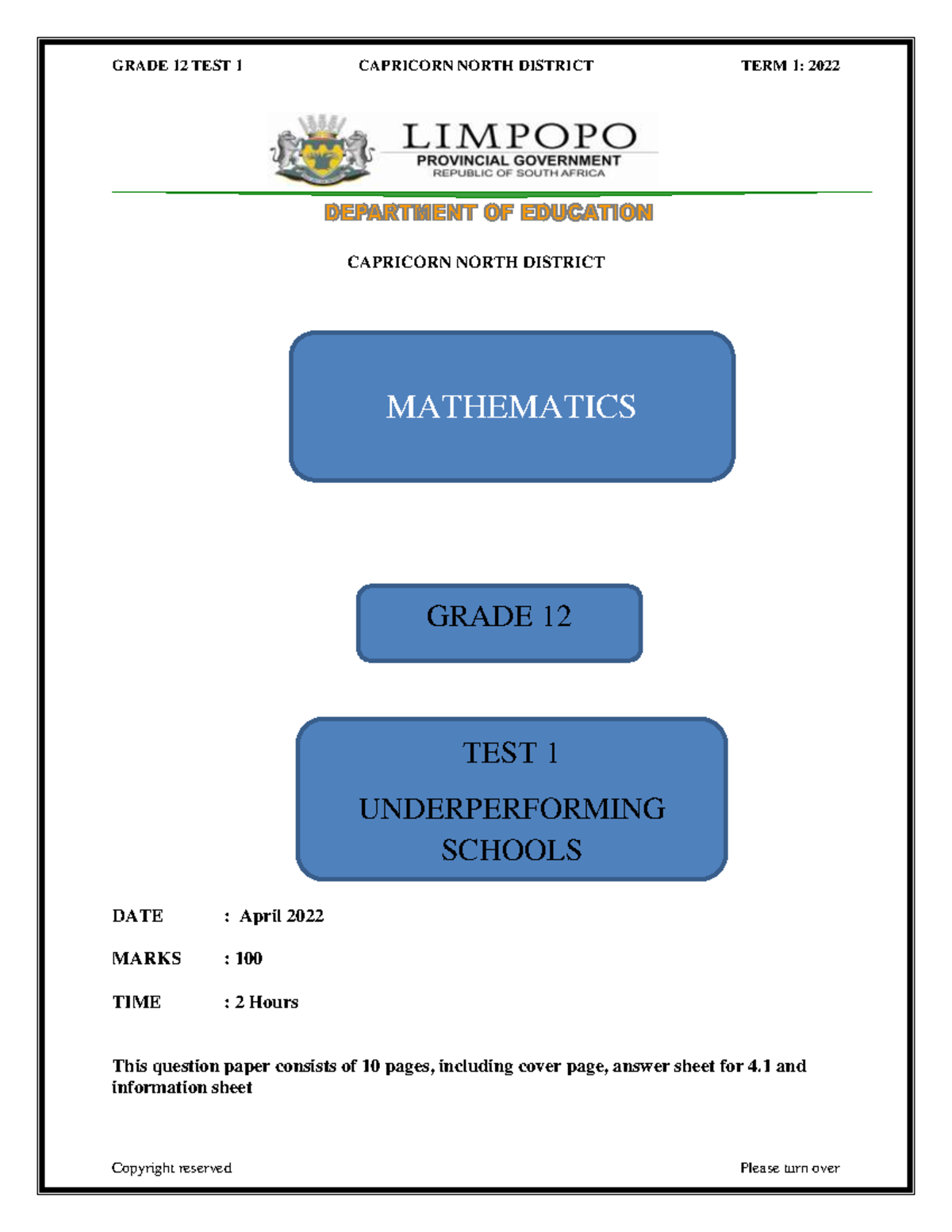 2022 Grade 12 Maths TEST FOR Underperforming Schools - CAPRICORN NORTH ...