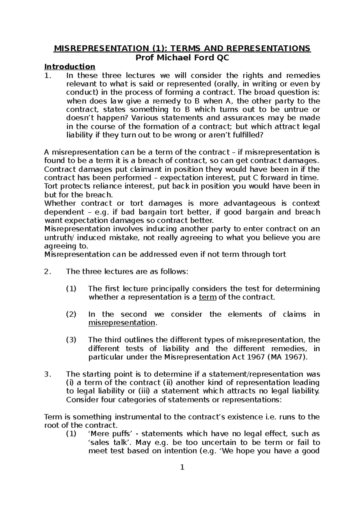 Misrepresentation terms and representation lecture notes ...