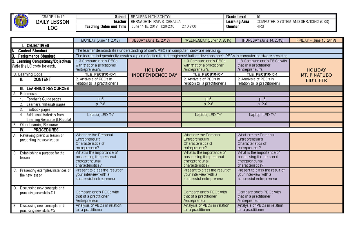 Computer system servicing - GRADE 1 to 12 DAILY LESSON LOG School ...