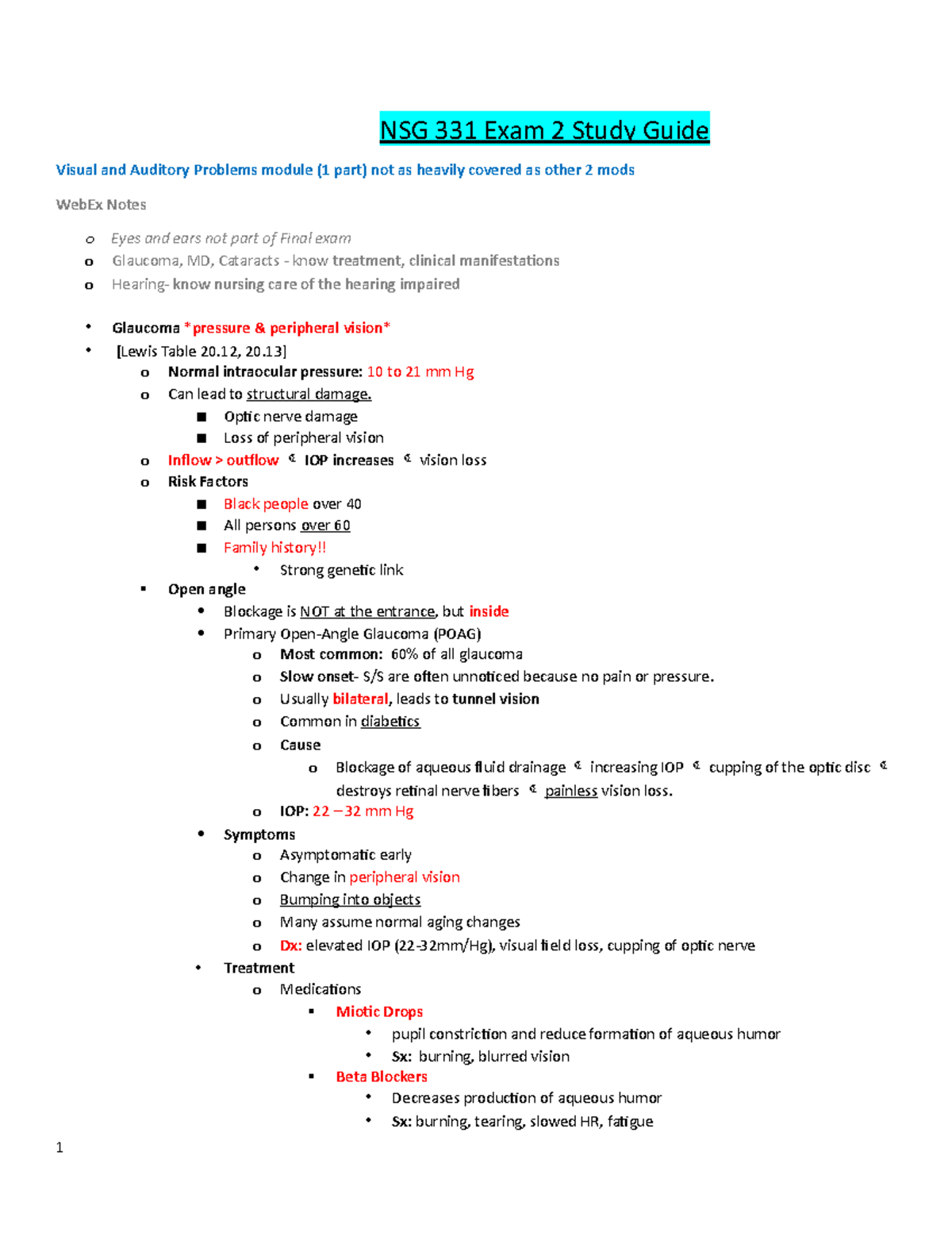 331 Exam 2 Study Guide KW - 1 NSG 331 Exam 2 Study Guide Visual and Auditory Problems module (1 ...