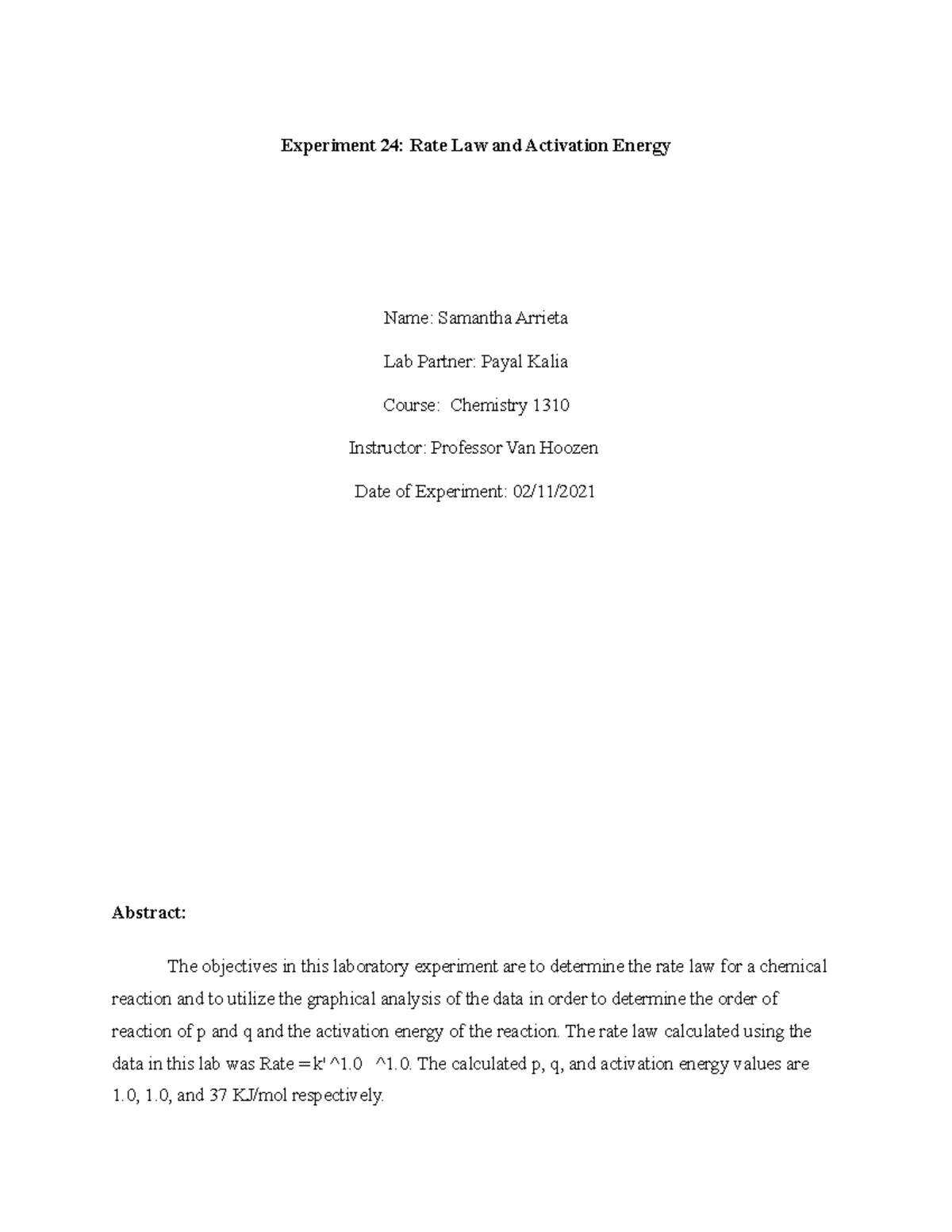 Experiment 24 - Nova Southeastern University - Experiment 24: Rate Law ...