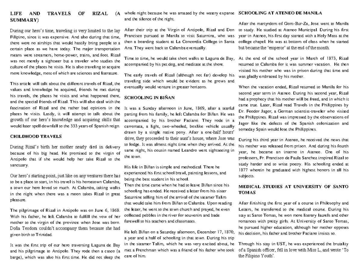 Life and Travels of Jose Rizal - LIFE AND TRAVELS OF RIZAL (A SUMMARY ...