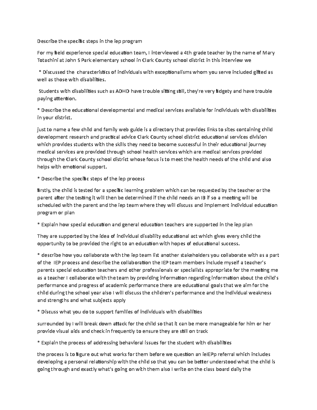 Feild Experience Special Education Team - Describe the specific steps ...