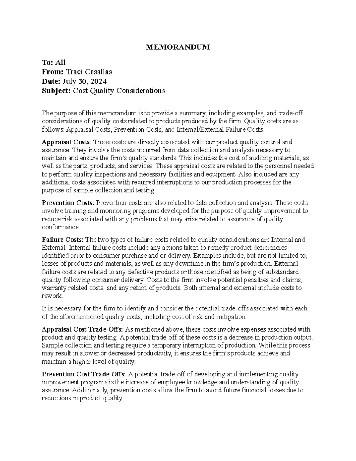 QHT1 Task 1 Memorandum - memo based on template and course tips ...