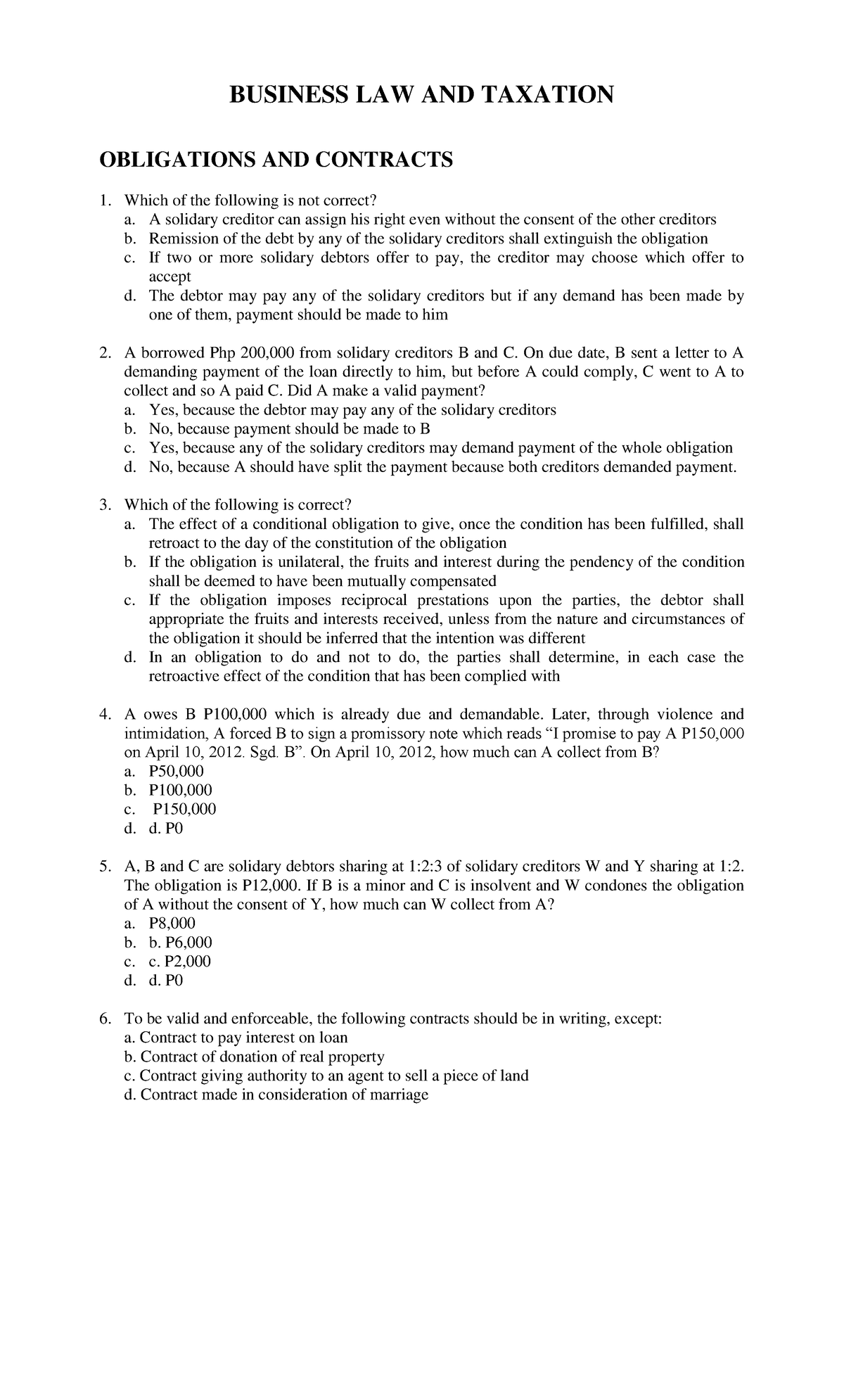 Business law and taxation - BUSINESS LAW AND TAXATION OBLIGATIONS AND ...