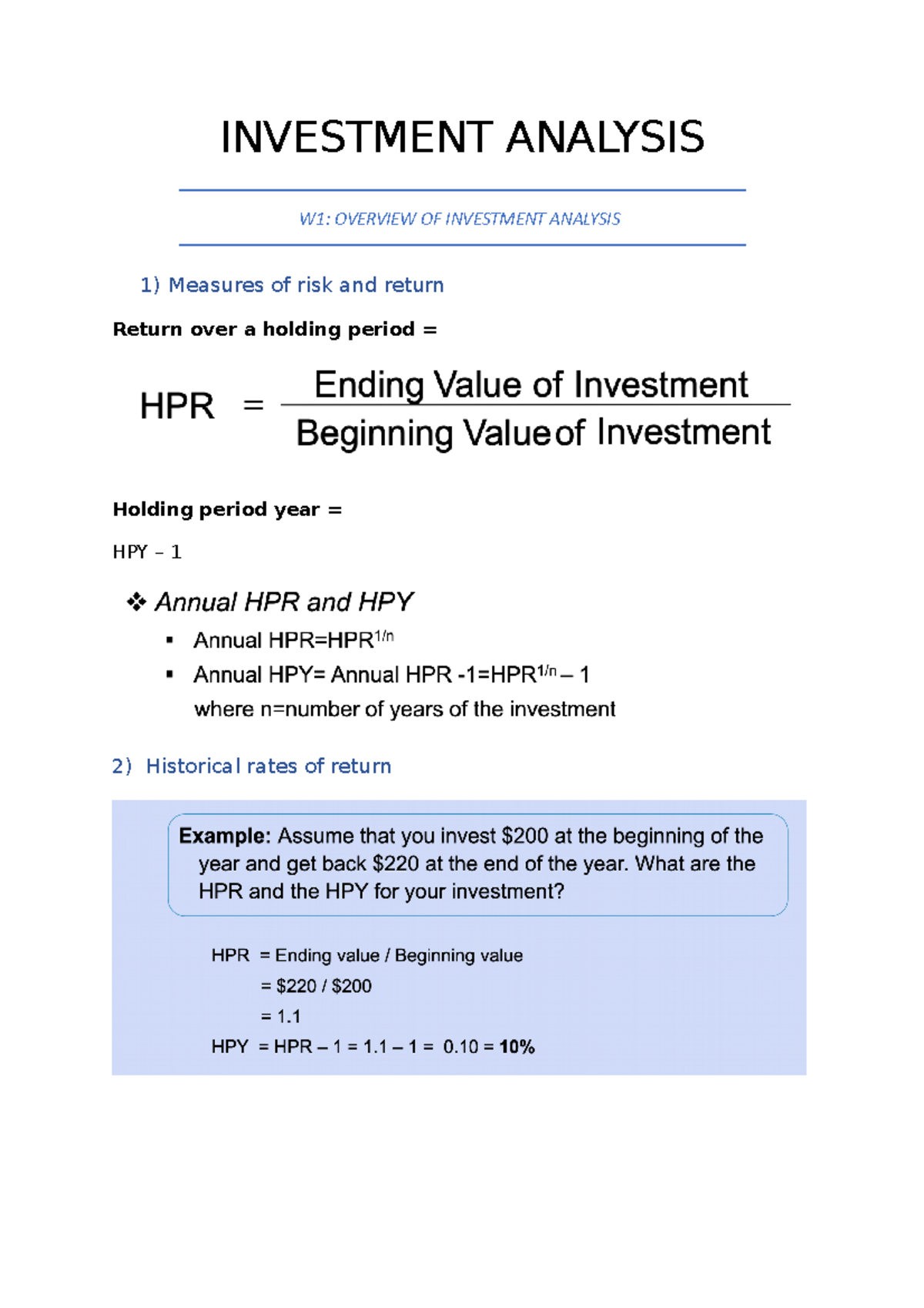 Investment Analysis Notes - INVESTMENT ANALYSIS W1: OVERVIEW OF ...