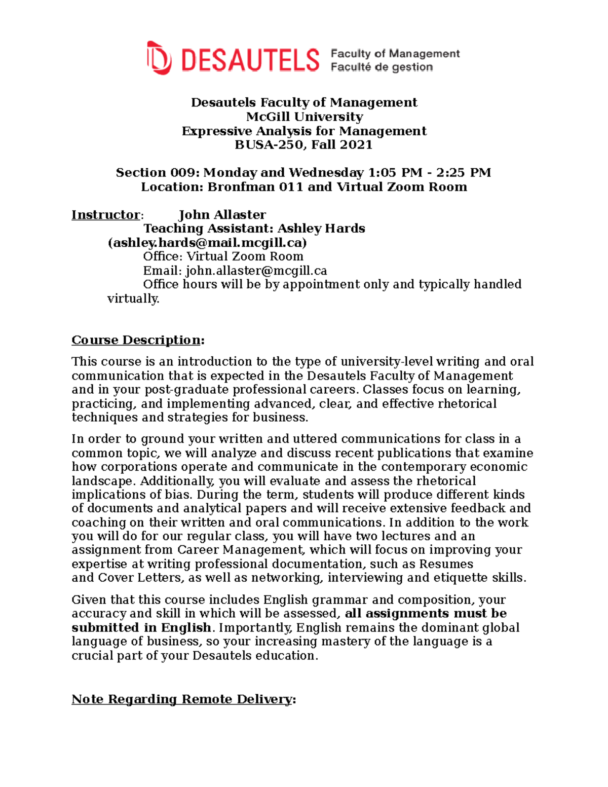 BUSA 250 - 009 Syllabus Fall 2021 - Desautels Faculty of Management ...