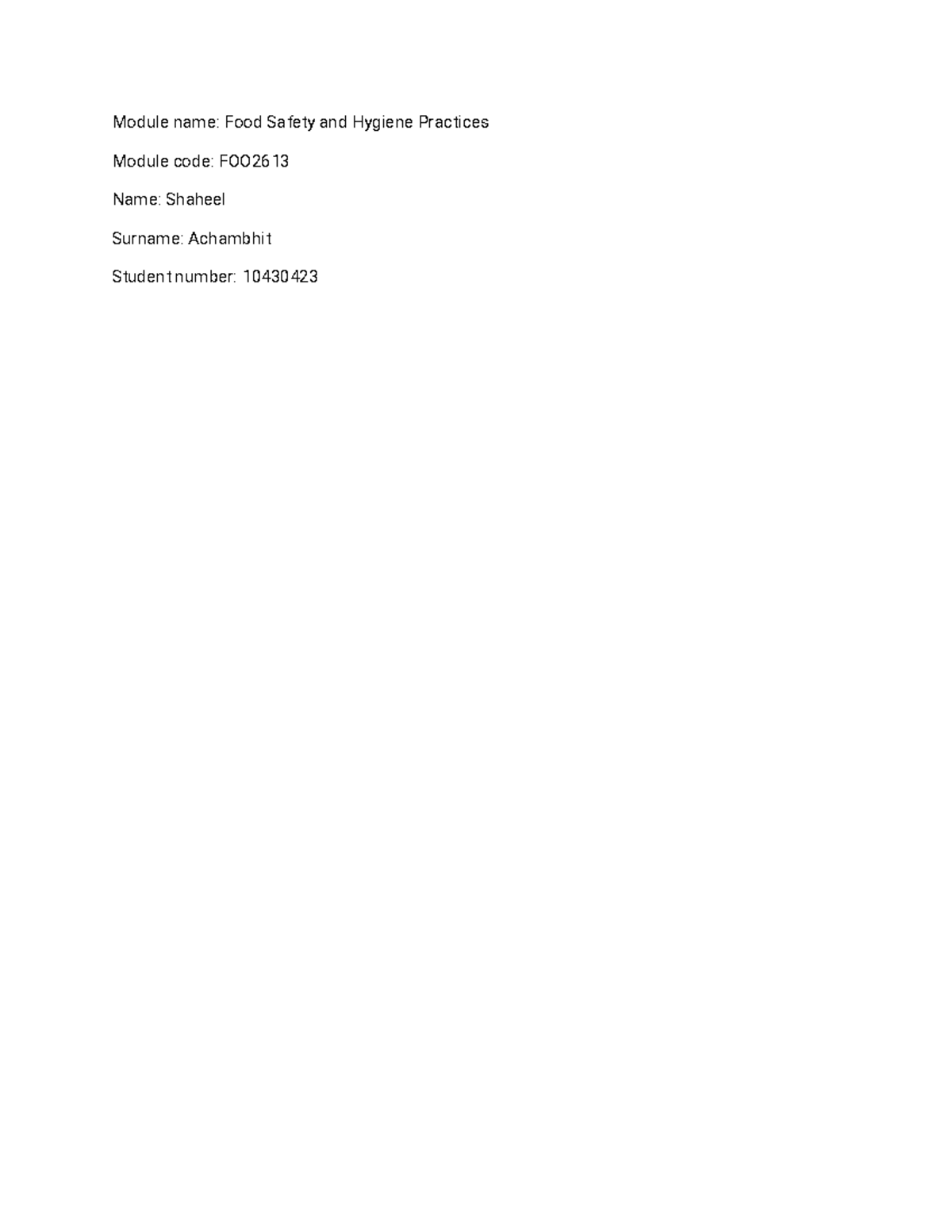 Module name Fo - Notes - Modulename:FoodSafetyandHygienePractices ...