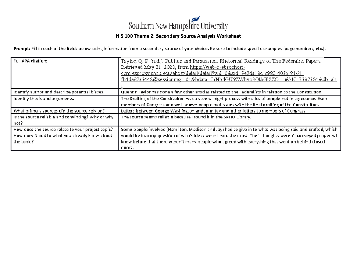 His100 secondary source analysis worksheet Freise - HIS 100 Theme 2 ...