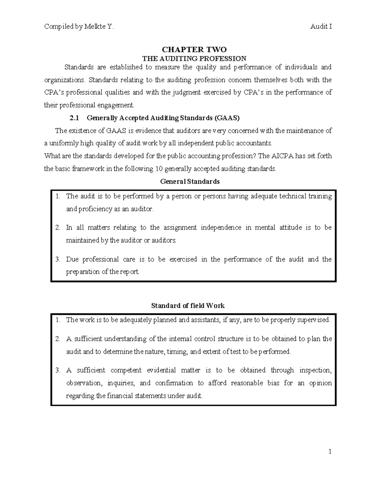 Audit I ch2 Handout - CHAPTER TWO THE AUDITING PROFESSION Standards are established to measure ...