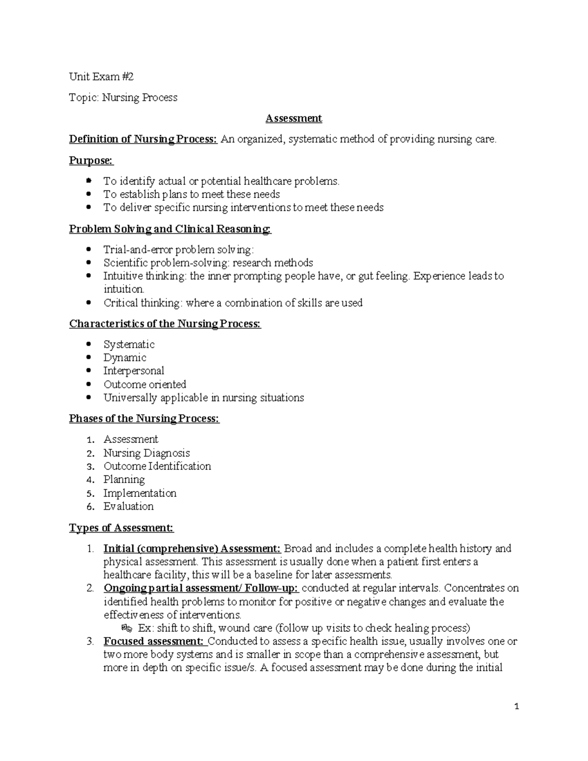 unit 2 exam notes - Unit Exam Topic: Nursing Process Assessment ...