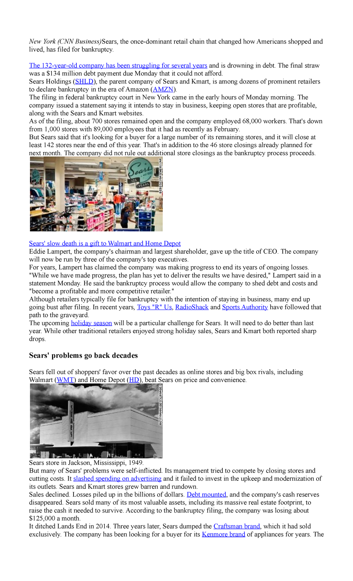 Sears - Grade: A - New York (CNN Business)Sears, the retail chain that ...