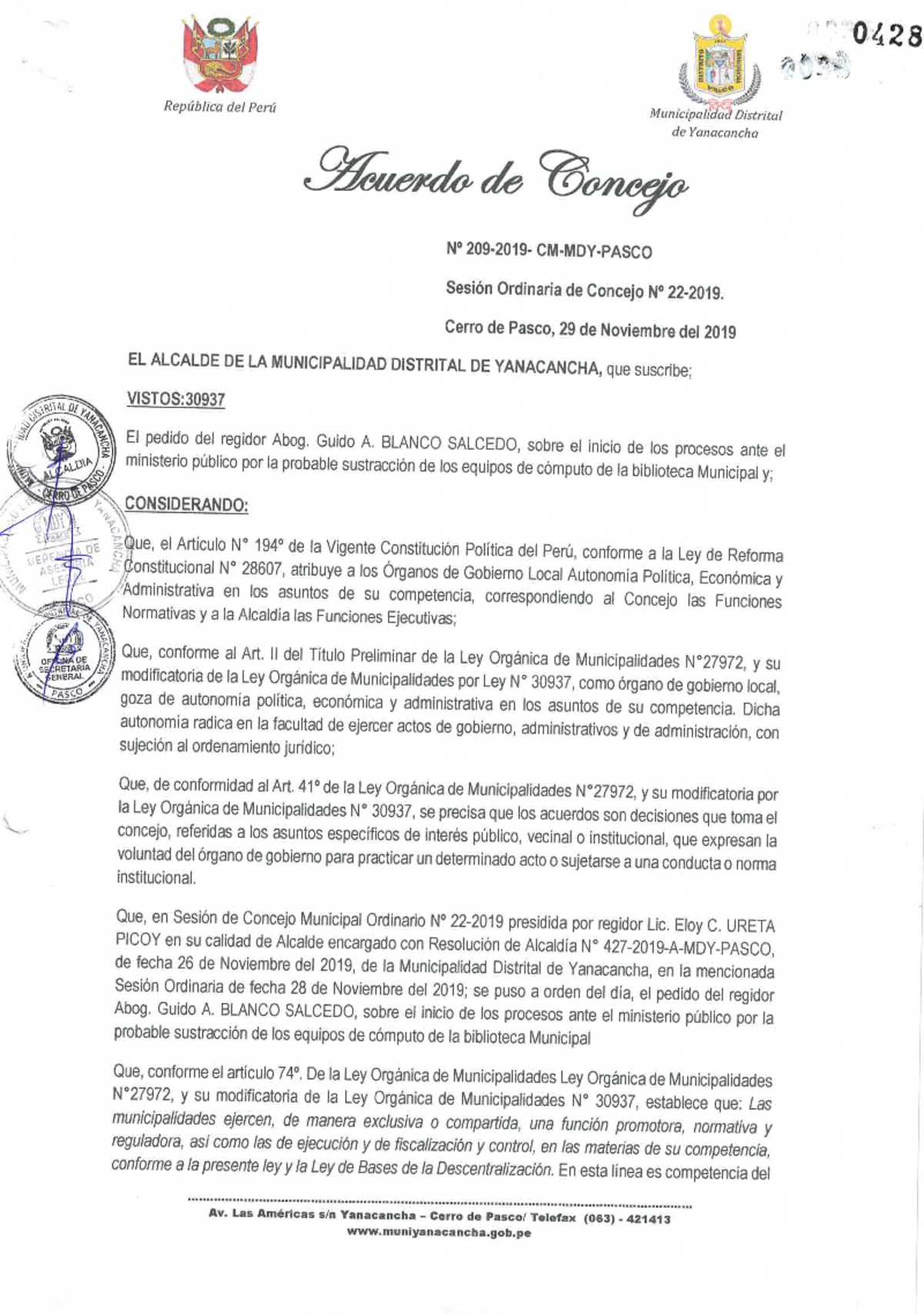 Acuerdo de Concejo N°209-2019-CM-MDY- Pasco - 0428 República del Perú ...