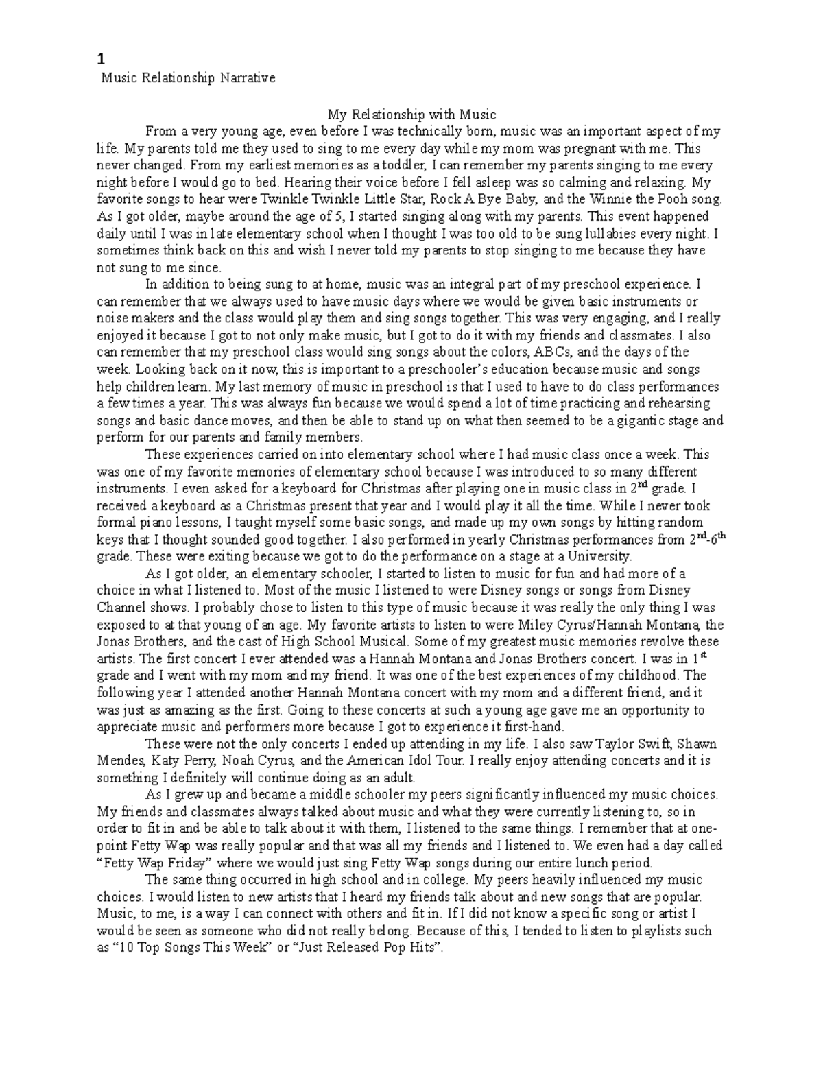My Relationship with Music - 1 Music Relationship Narrative My ...