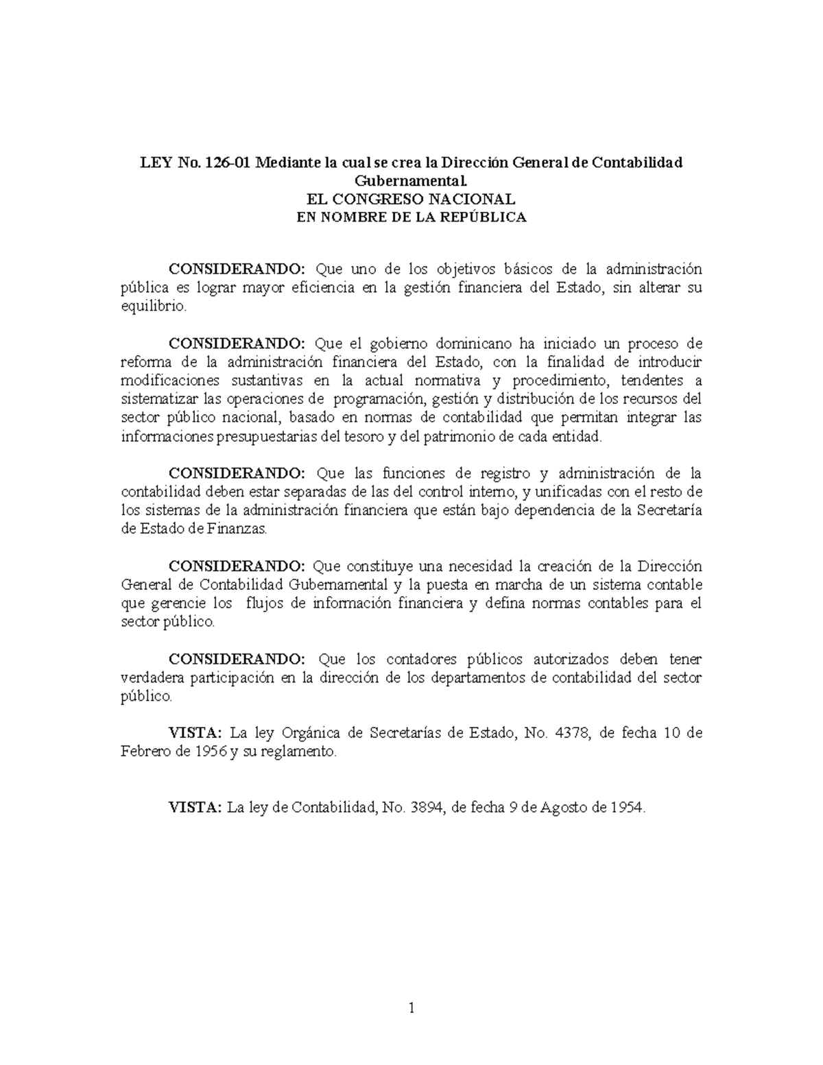 Base-legal - Informe legal - LEY No. 126-01 Mediante la cual se crea la ...