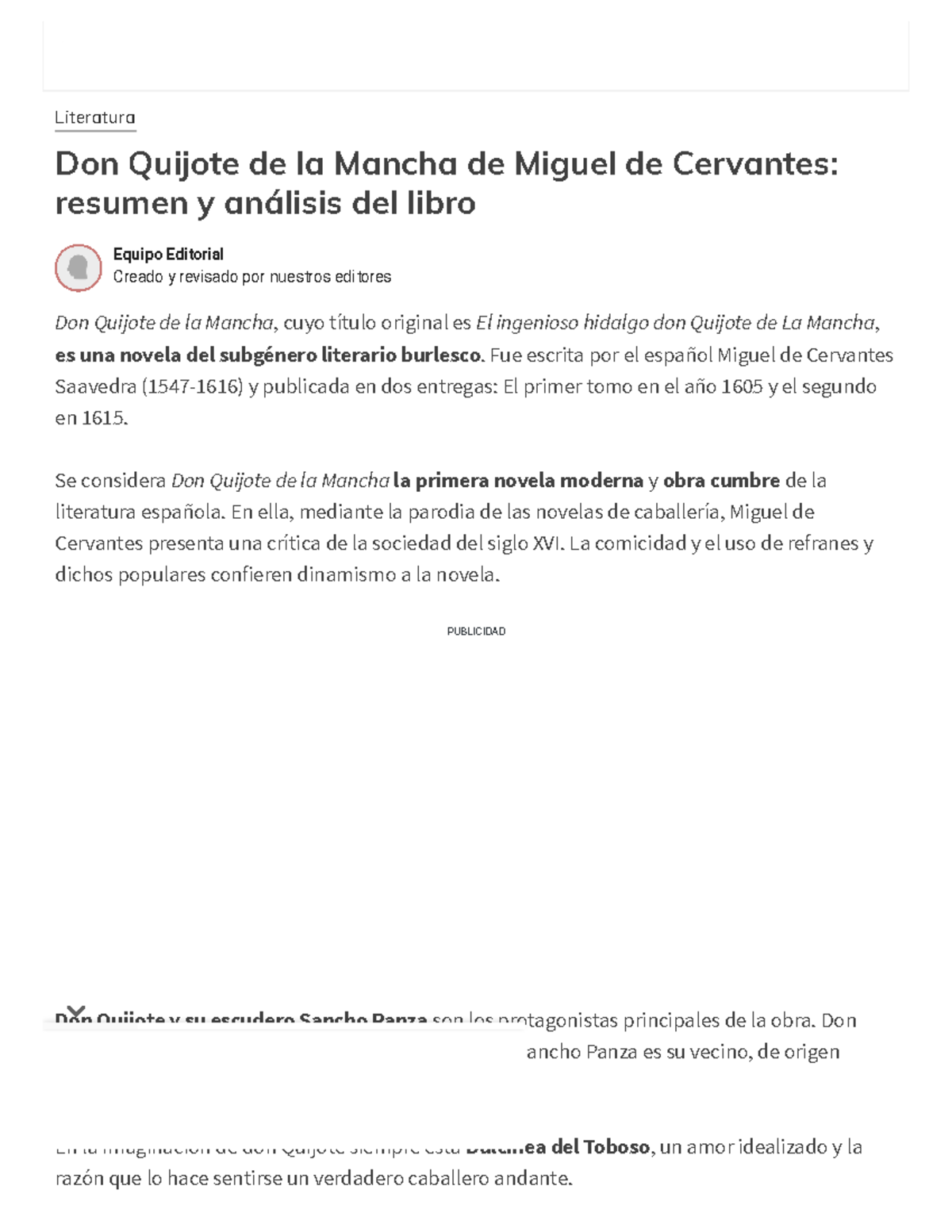 Don Quijote de la Mancha de Miguel de Cervantes resumen y análisis del ...