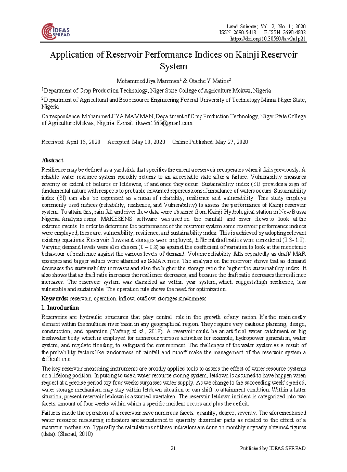 Application of Reservoir Performance Indices on Ka - Land Science; Vol ...