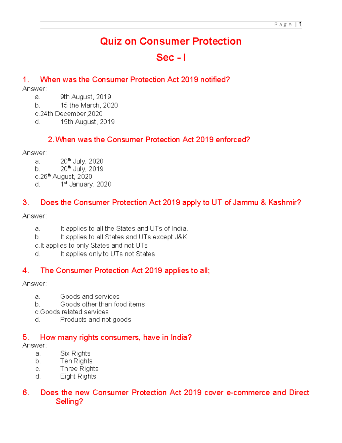 Quiz Latest 17920 - Copy - Quiz on Consumer Protection Sec - I 1. When ...