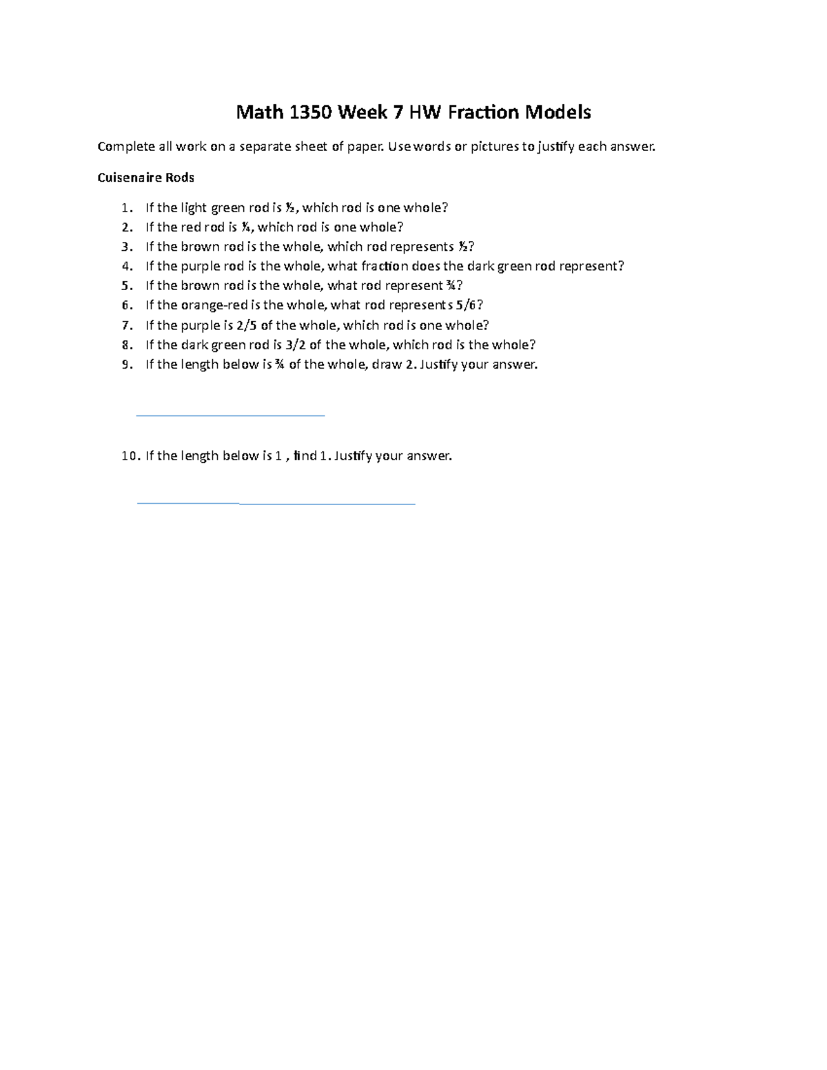 Week 7 HW Fraction Line Model - Math 1350 Week 7 HW Fraction Models ...
