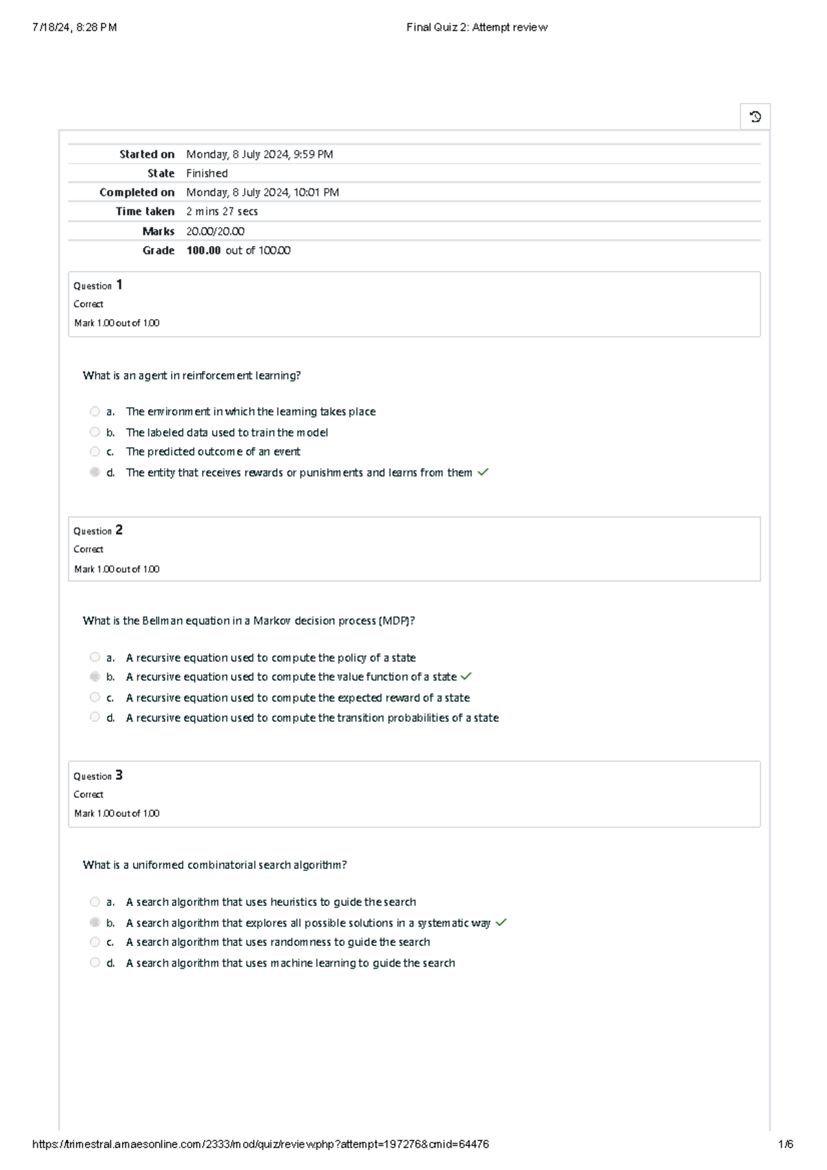 Midterm Quiz 2 Attempt review UGRD-CYBS6101 Artificial Intelligence Fundamentals - Started on ...