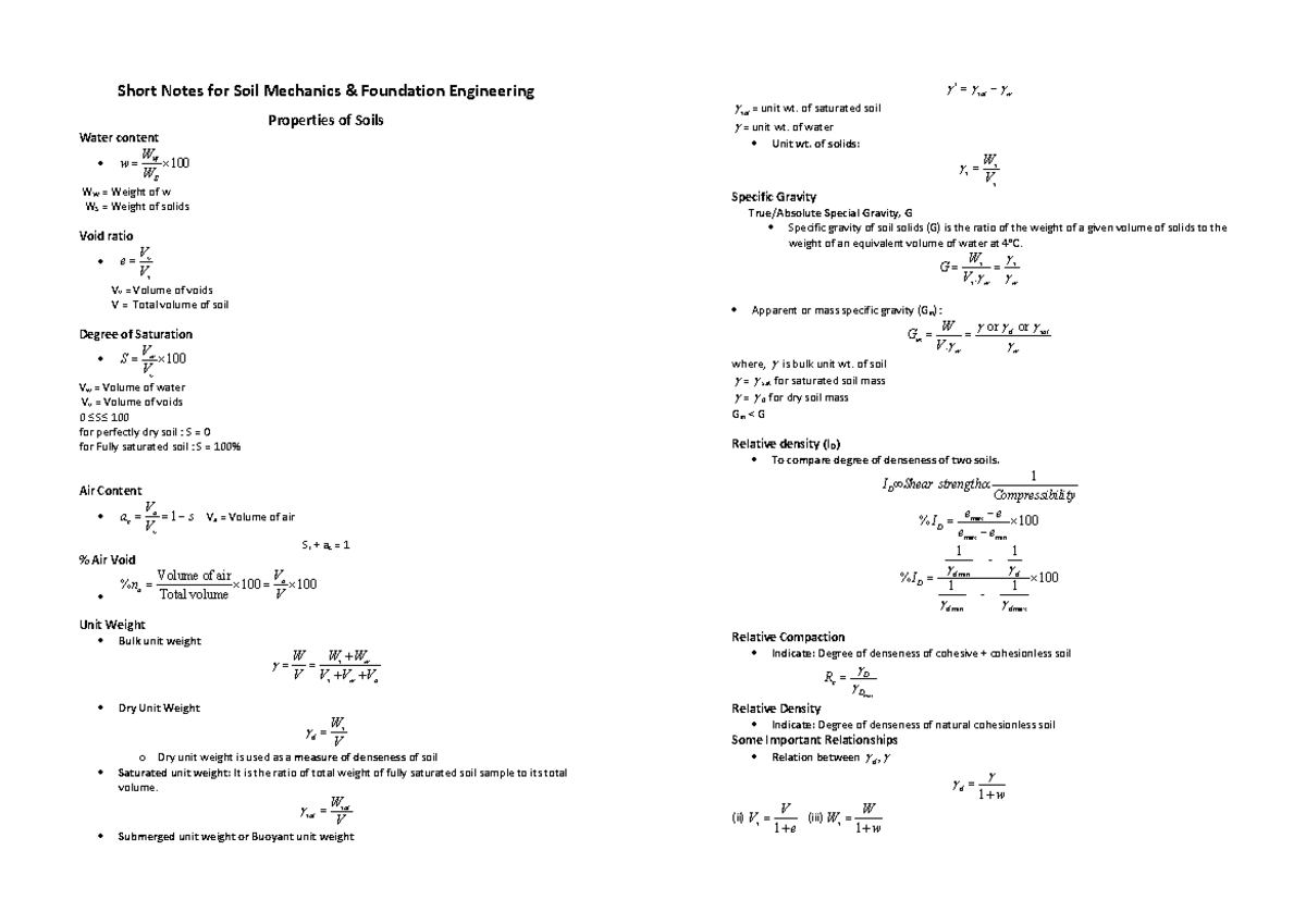 GEOT3002 Notes as a Formula Sheet - Short otes for Soil a echanics ...