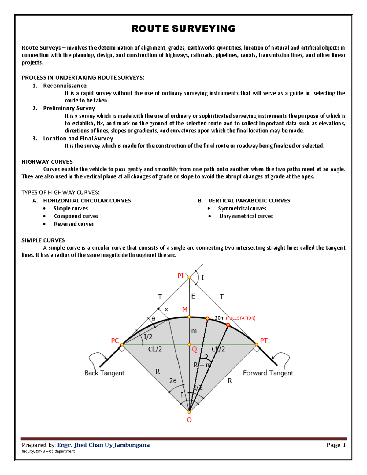 Topic 1 Simple Curves - ce notes - ####### Prepared by: Engr. Jhed Chan ...