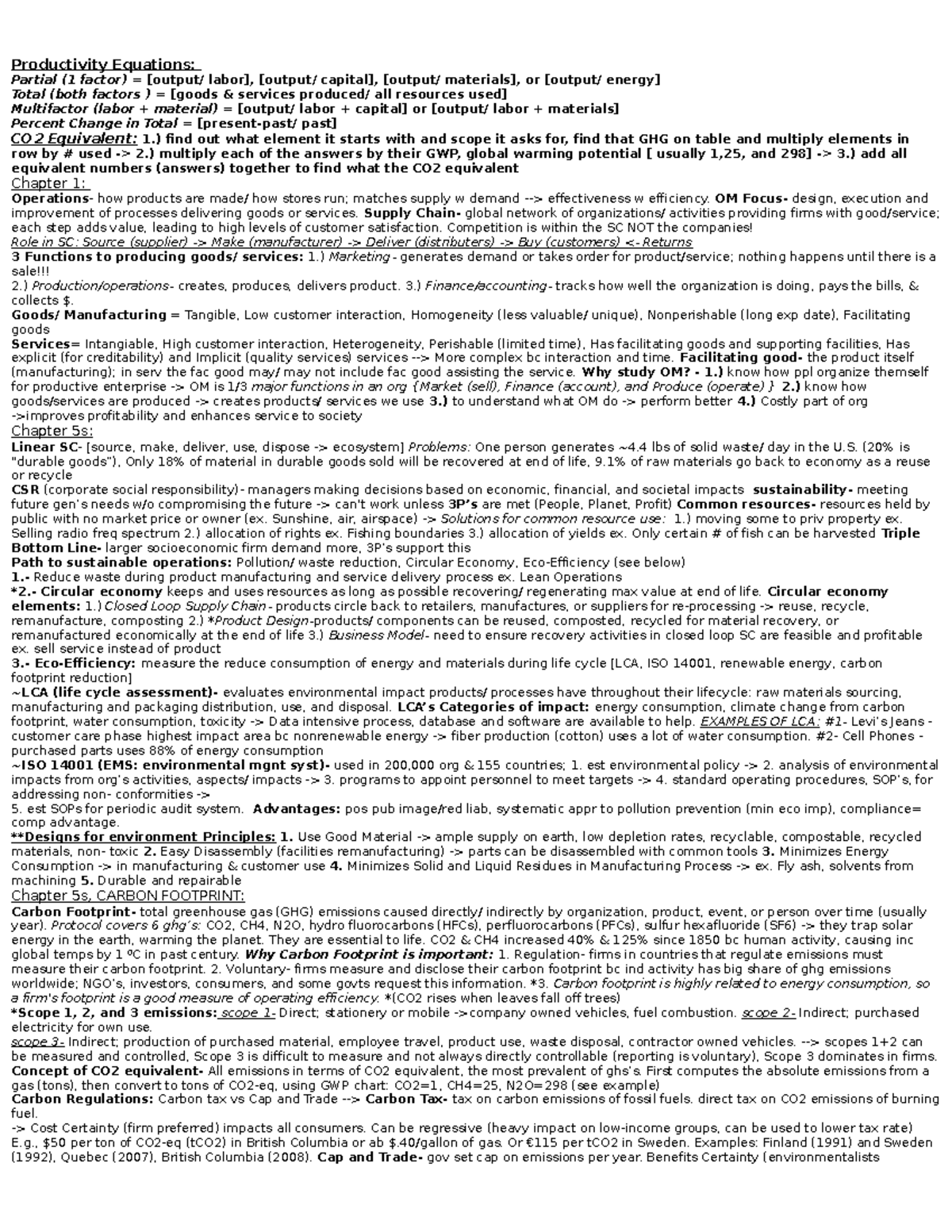 Exam 1 Cheat Sheet - Productivity Equations: Partial (1 factor ...
