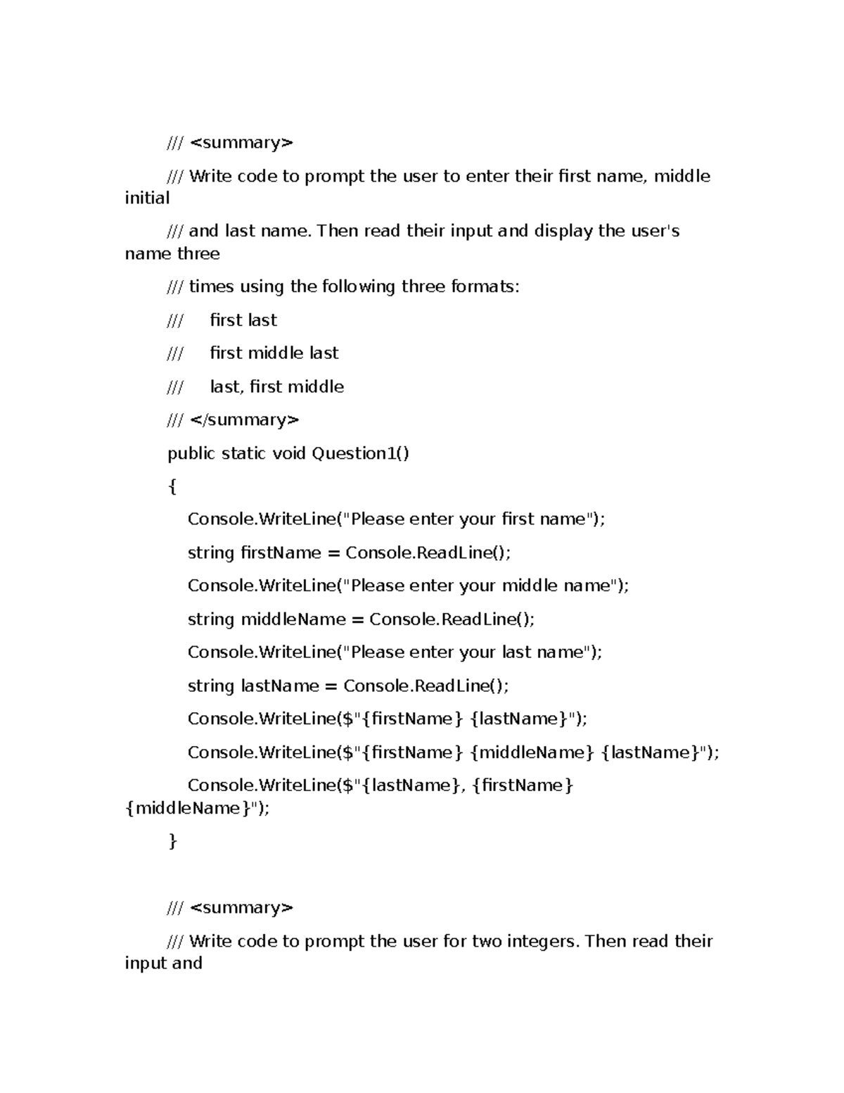 Summary - assignment 2 - /// /// Write code to prompt the user to enter their first - Studocu