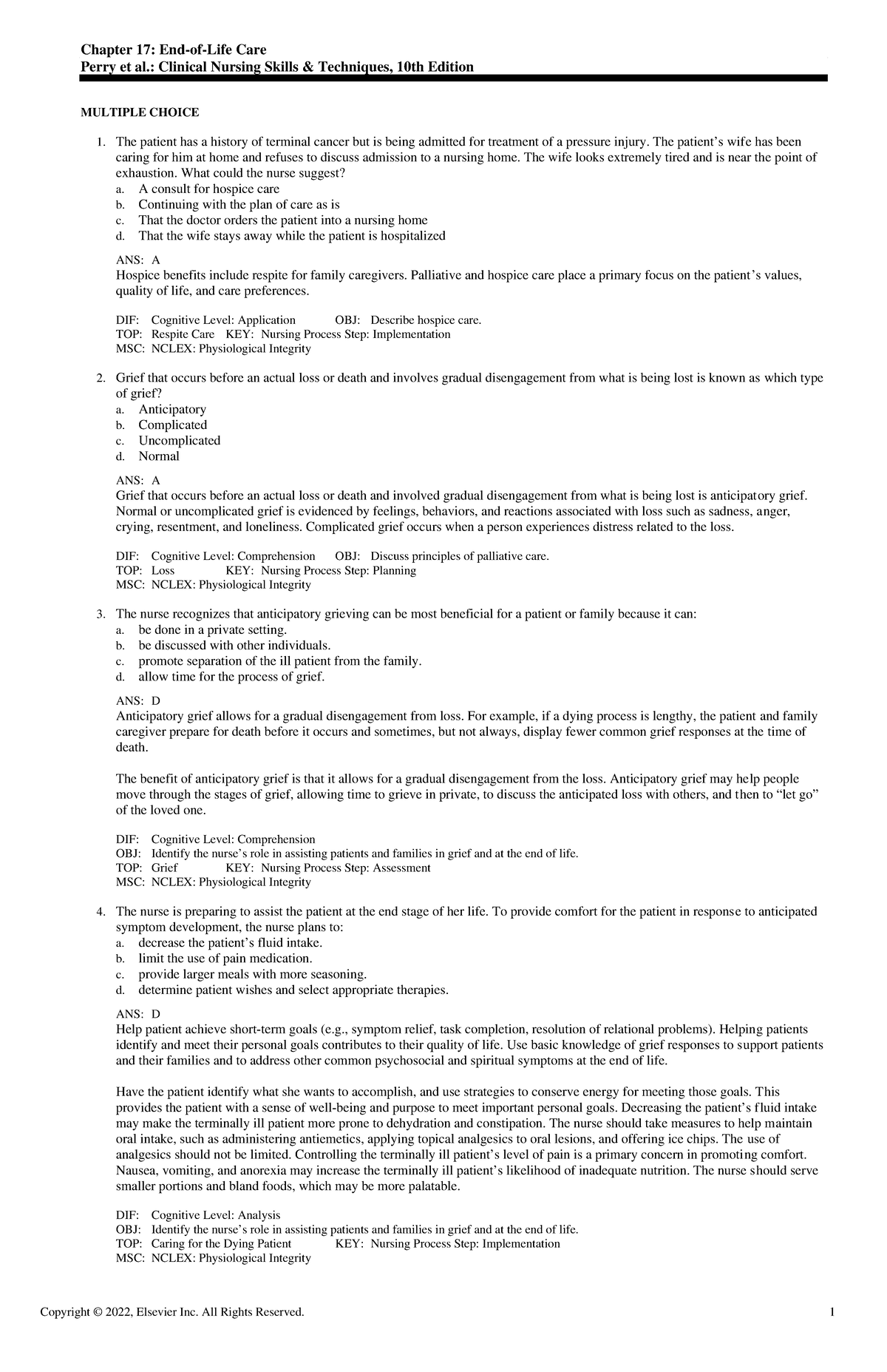 Exam View - Chapter 17 - Quiz - Chapter 17: End-of-Life Care Perry et ...