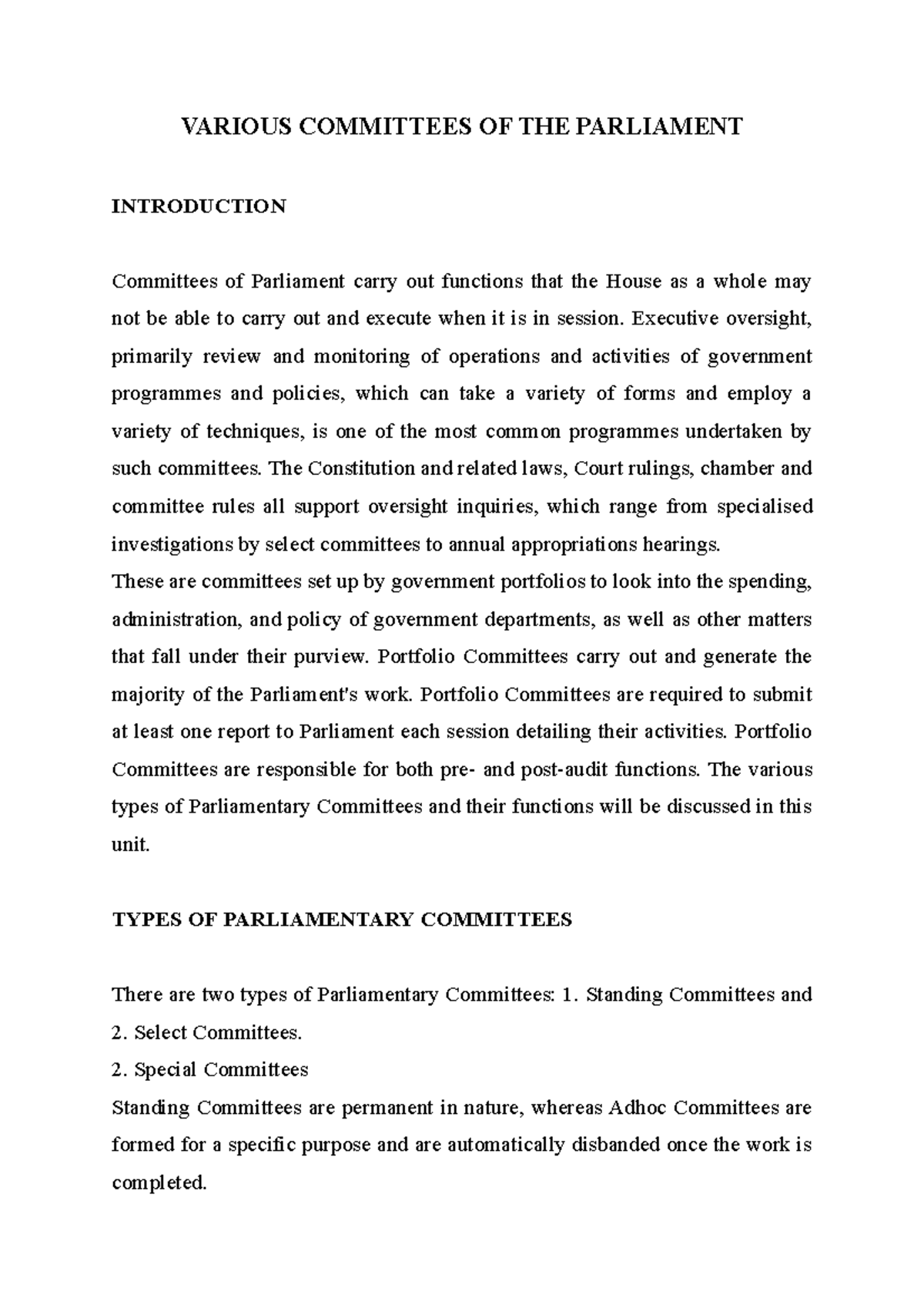 Various Committees OF THE Parliament - VARIOUS COMMITTEES OF THE ...