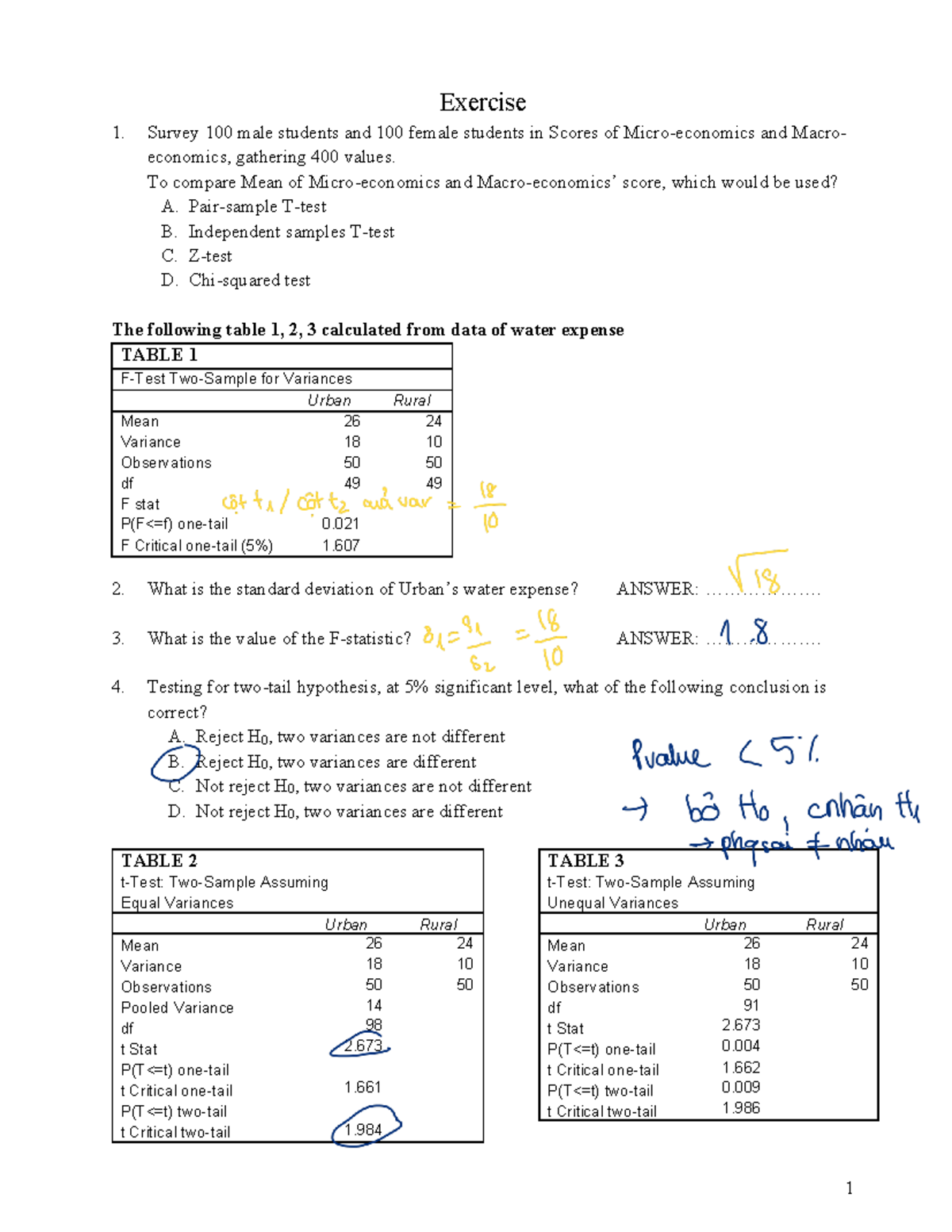 Revision 2024 - Exercise 1. Survey 100 male students and 100 female ...