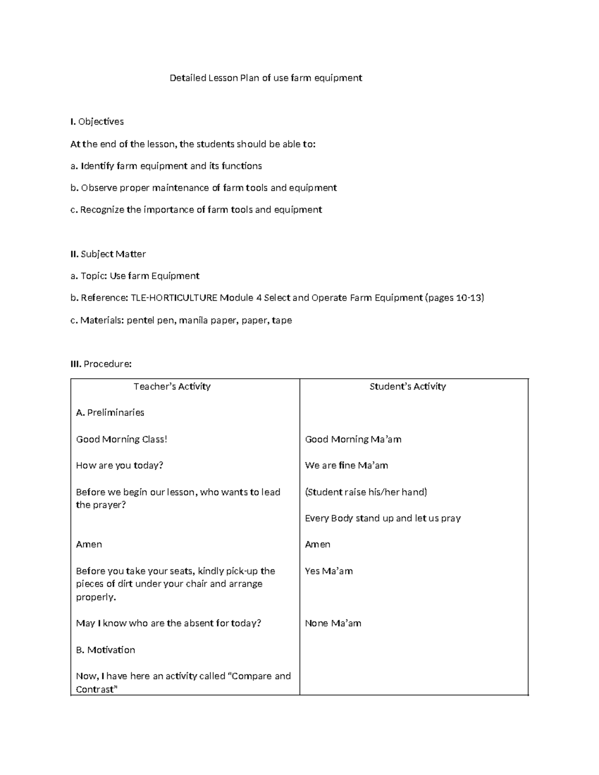 Lesson plan 2 dannnn - Detailed Lesson Plan of use farm equipment I ...