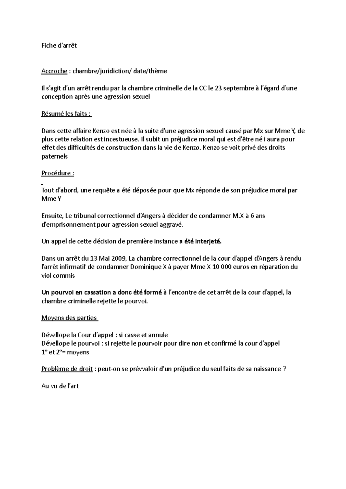 Fiche d'arret - méthode - Fiche d’arrêt Accroche : chambre/juridiction ...