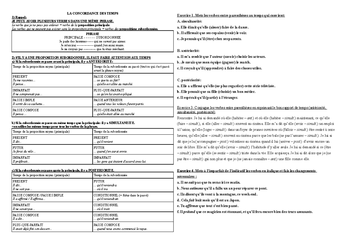 Concordance des temps - LA CONCORDANCE DES TEMPS 1) Rappel: JE PEUX ...