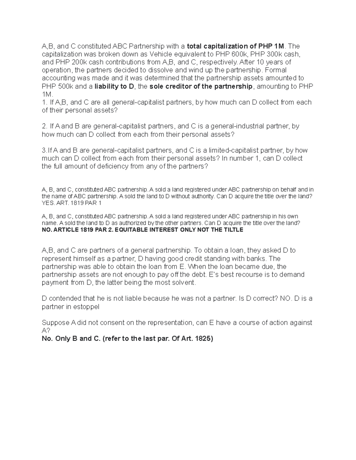 ATP Questions - SSSSS - A,B, and C constituted ABC Partnership with a ...