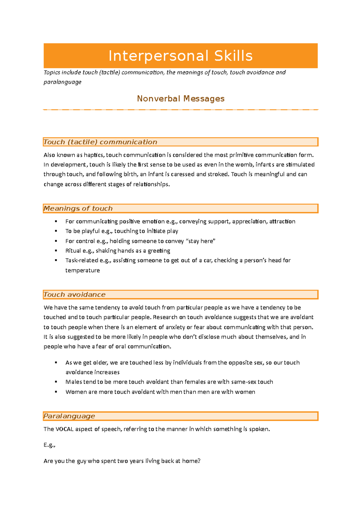 Interpersonal Skills 4 - Interpersonal Skills Topics include touch ...