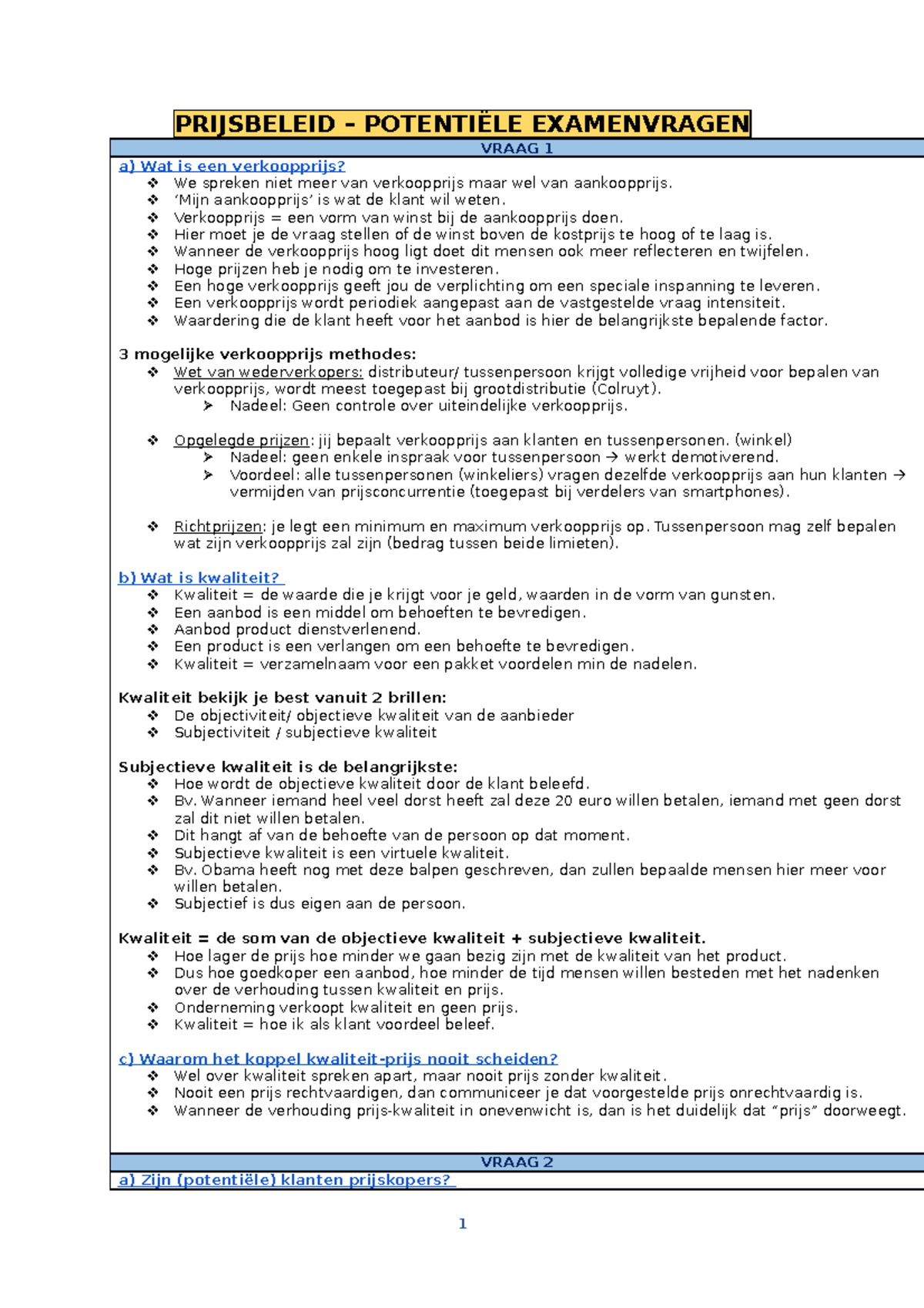 Examenvragen prijs - PRIJSBELEID – POTENTIËLE EXAMENVRAGEN VRAAG 1 a ...