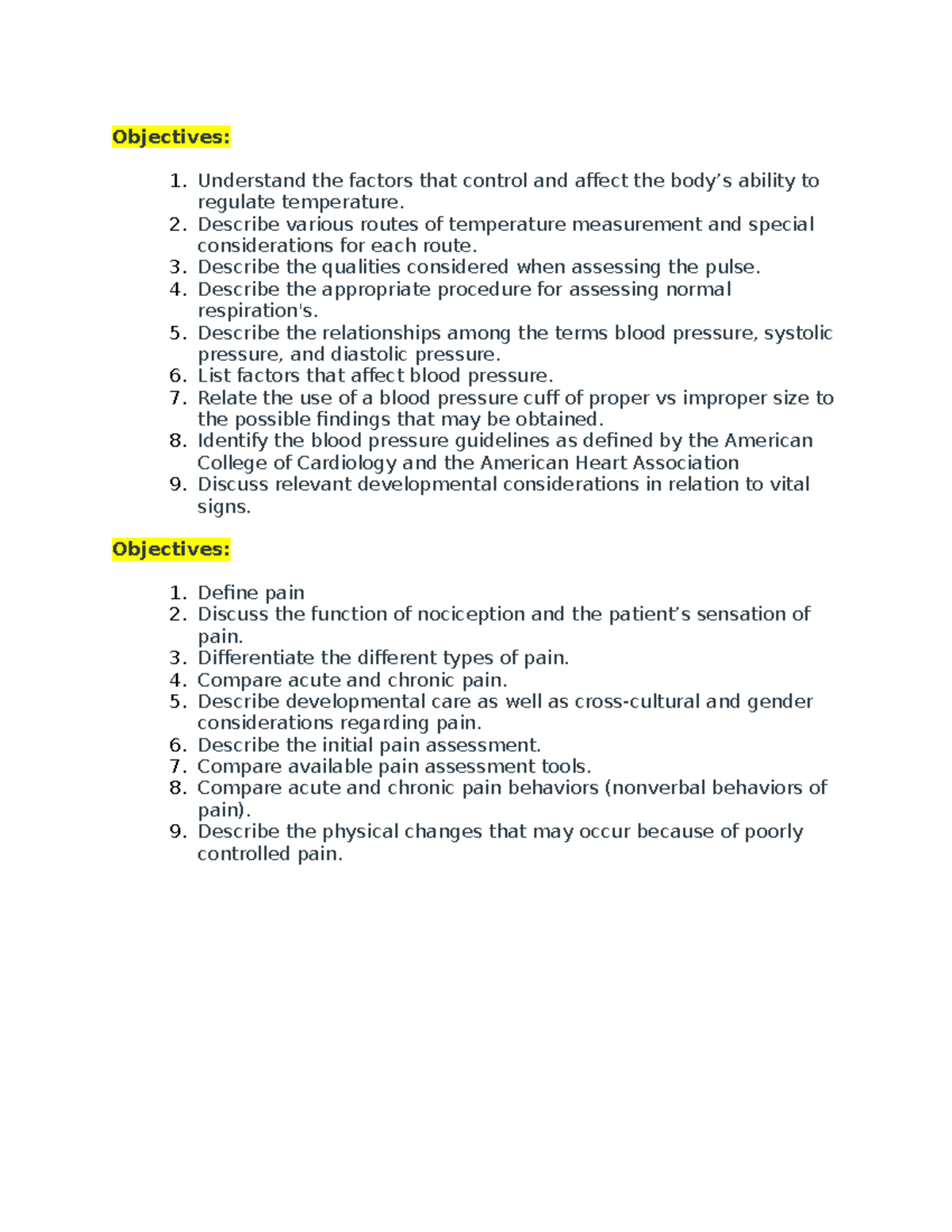 Objectives-vital signs and pain. Jarvis - Objectives: Understand the ...